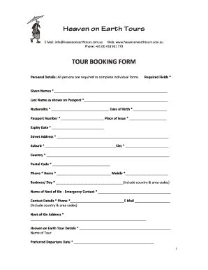 Fillable Online Heaven on Earth Tours TOUR BOOKING FORM Fax Email Print ...
