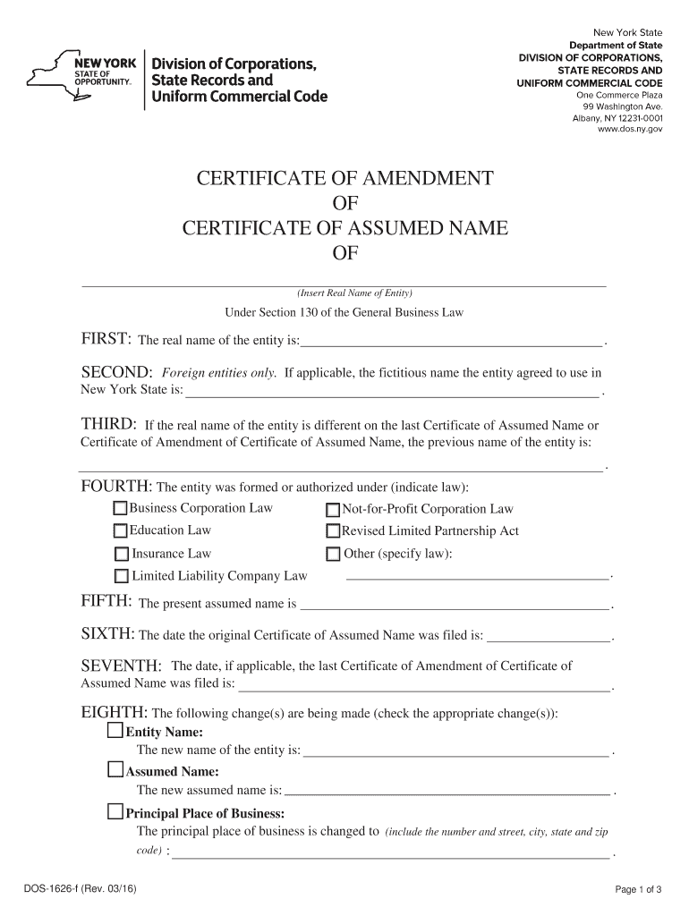 Fillable Online dos ny CERTIFICATE OF AMENDMENT CERTIFICATE OF ASSUMED ...