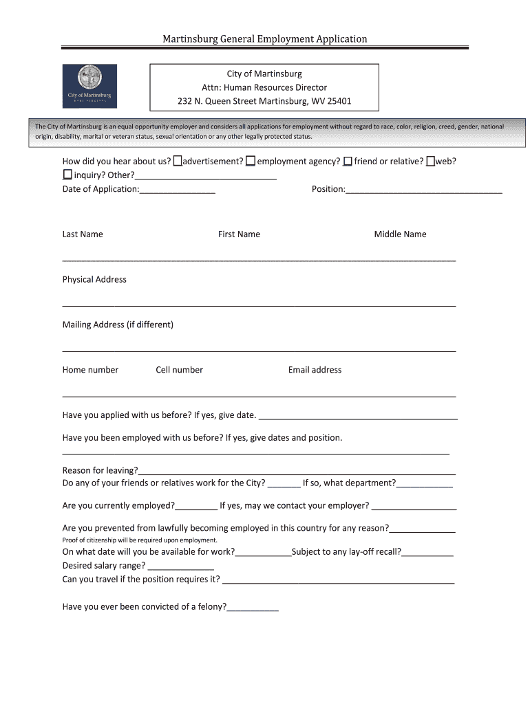 Fillable Online Martinsburg General Employment Application Fax Email Print - pdfFiller