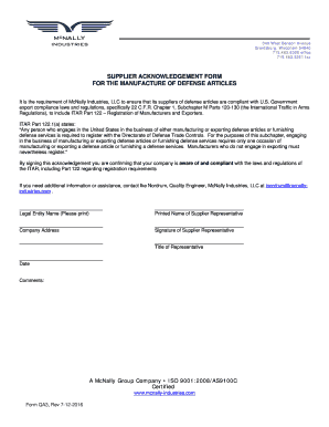 Fillable Online SUPPLIER ACKNOWLEDGEMENT FORM FOR THE MANUFACTURE OF ...