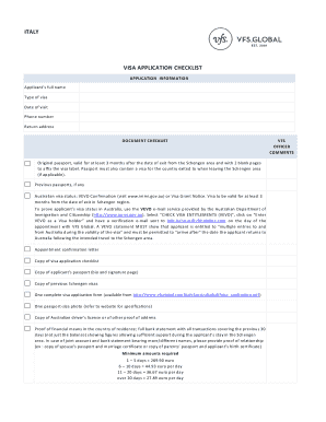 Fillable Online ITALY VISA APPLICATION CHECKLIST - vfsglobal.com Fax ...