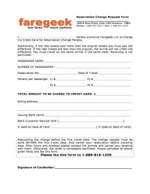 Fillable Online Reservation Change Request Form- Faregeek. Reservation ...