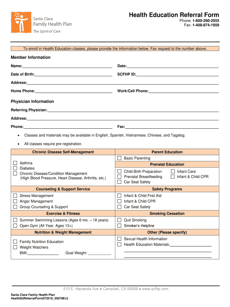 Fillable Online Health Education Referral Form - Santa Clara Family ...