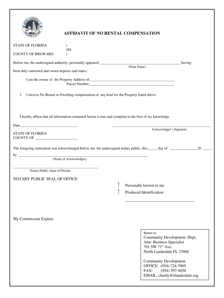 Fillable Online nlauderdale AFFIDAVIT OF NO RENTAL COMPENSATION ...
