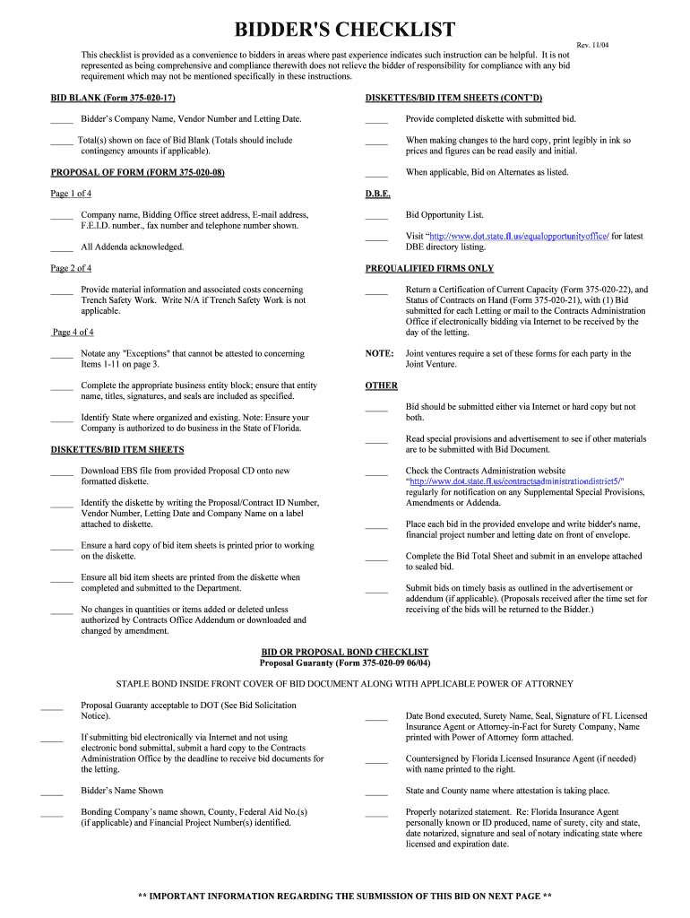 Fillable Online dot state fl BIDDER 'S CHECKLIST - Florida Department ...