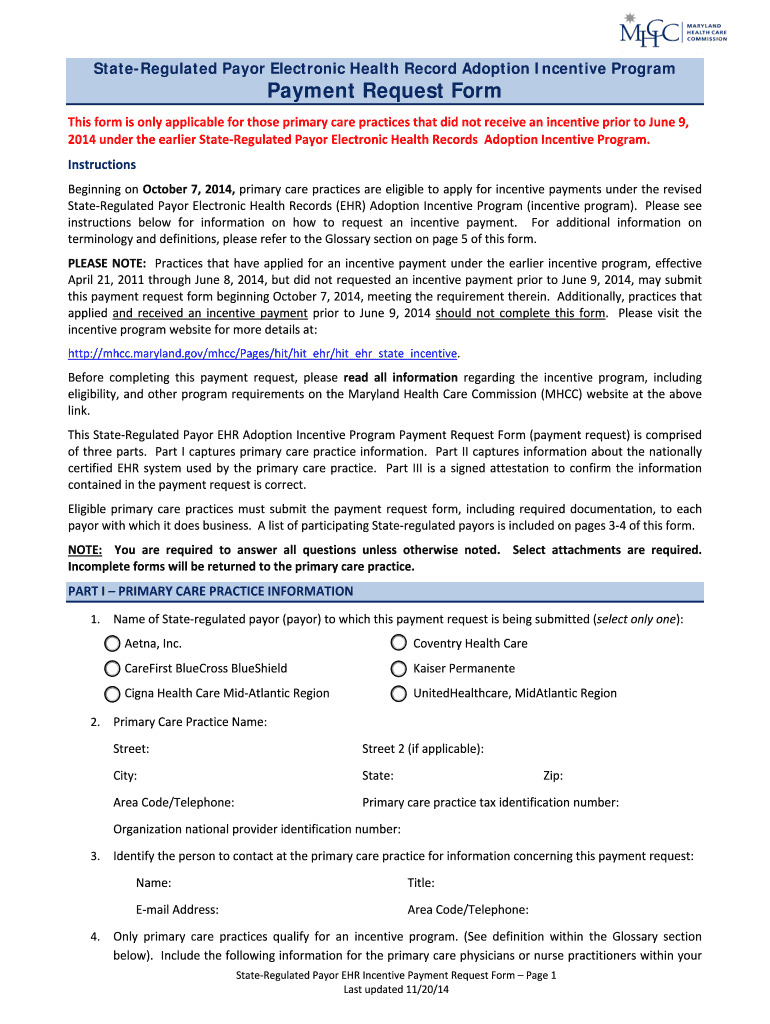 Fillable Online mhcc maryland State-Regulated Payor EHR Adoption Incentive Payment Request ...
