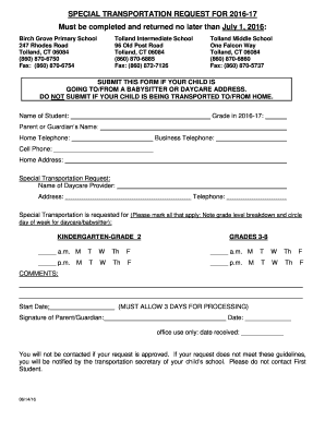 Fillable Online tms tolland k12 ct SPECIAL TRANSPORTATION REQUEST FOR ...