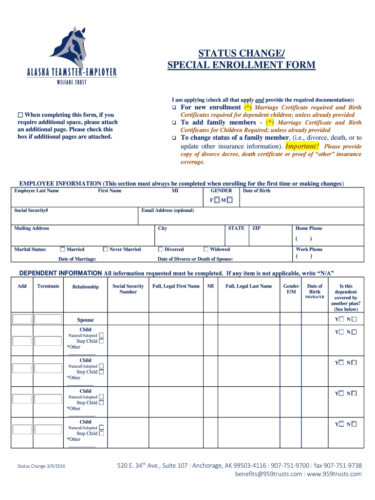 Fillable Online Status Change/Special Enrollment Form Fax Email Print - pdfFiller
