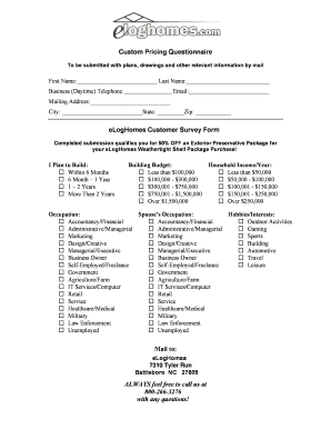 Fillable Online Custom Pricing Questionnaire - e Log Homes Fax Email ...