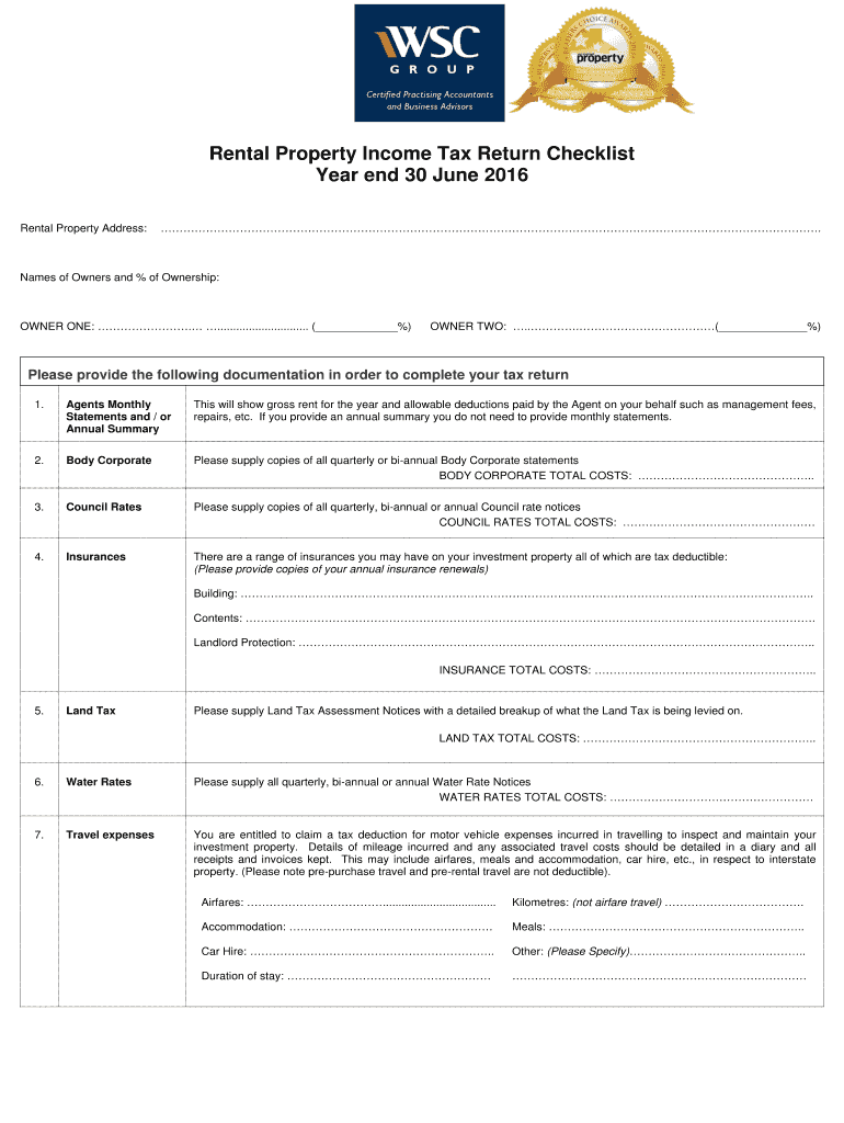 Fillable Online Rental Property Income Tax Return Checklist Year end 30 ...