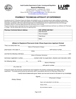 Fillable Online llr sc PHARMACY TECHNICIAN AFFIDAVIT OF EXPERIENCE ...