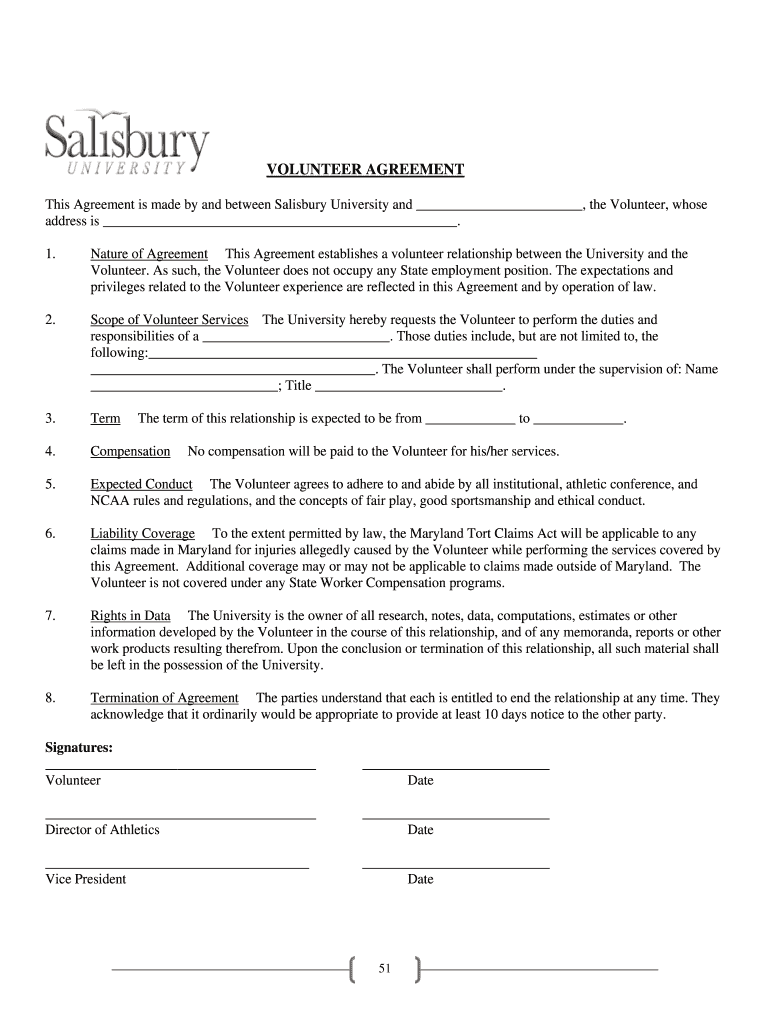 Fillable Online salisbury VOLUNTEER AGREEMENT. VOLUNTEER AGREEMENT ...