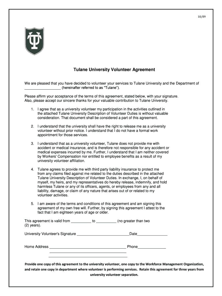 Fillable Online tulane Tulane University Volunteer Agreement Fax Email ...