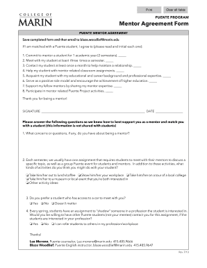 Fillable Online marin Puente Progr AM Mentor Agreement Form - marin.edu Fax Email Print - pdfFiller