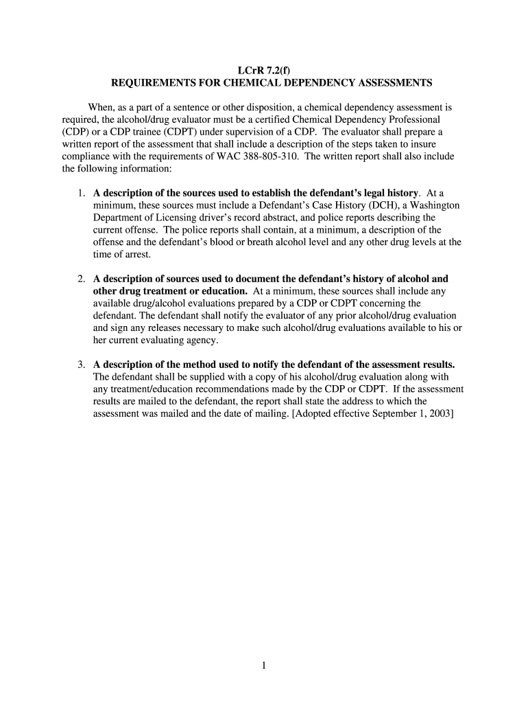 Fillable Online REQUIREMENTS FOR CHEMICAL DEPENDENCY ASSESSMENTS Fax Email Print - pdfFiller