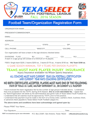 Fillable Online Football Team/Organization Registration Form Fax Email ...