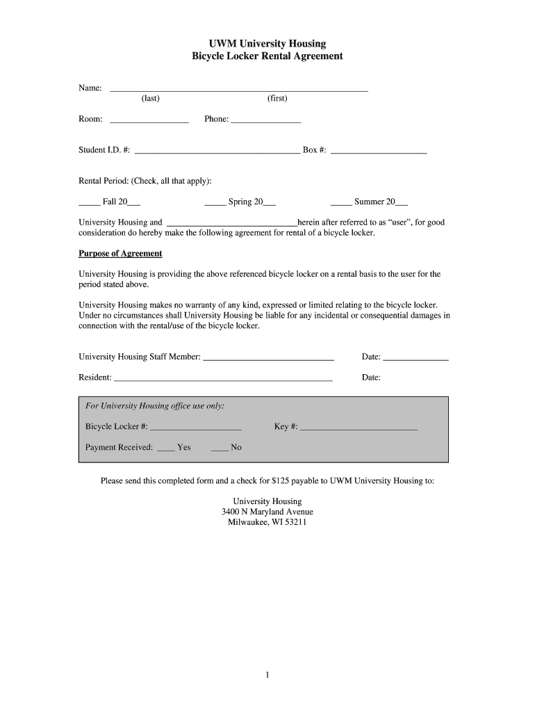 Fillable Online www4dev uwm bike locker agreement - University of ...