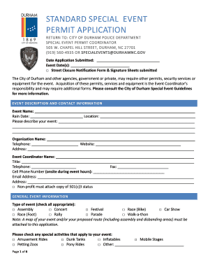 Fillable Online Standard Special Event Permit - City of Durham Fax ...
