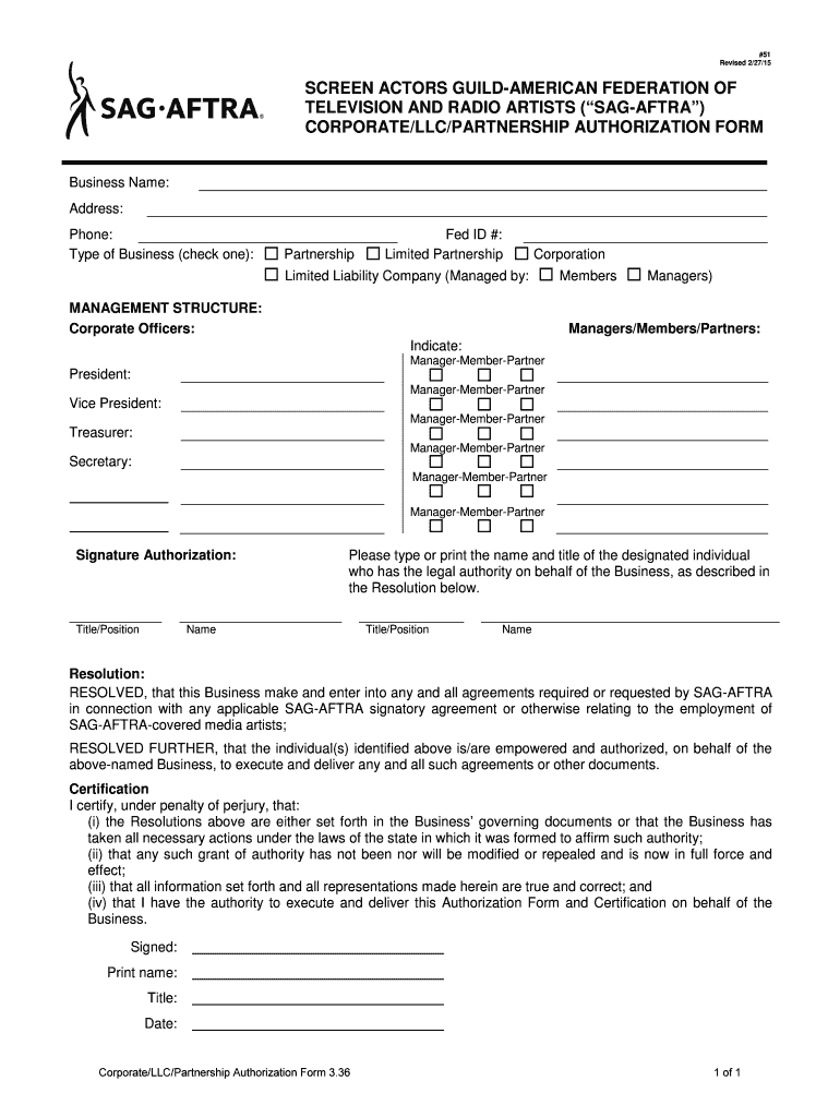 Fillable Online Revised 2/27/15 SCREEN ACTORS GUILD-AMERICAN FEDERATION OF ... Fax Email Print ...