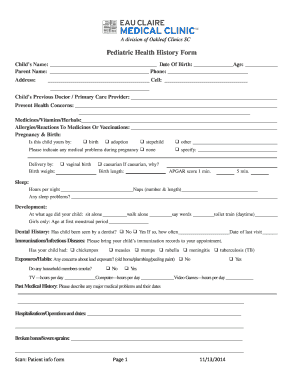 Fillable Online Pediatric History Form - Eau Claire Medical Clinic Fax ...