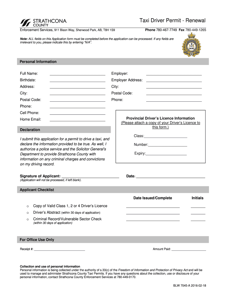 Fillable Online Taxi Driver Permit - Renewal - Strathcona County Fax ...