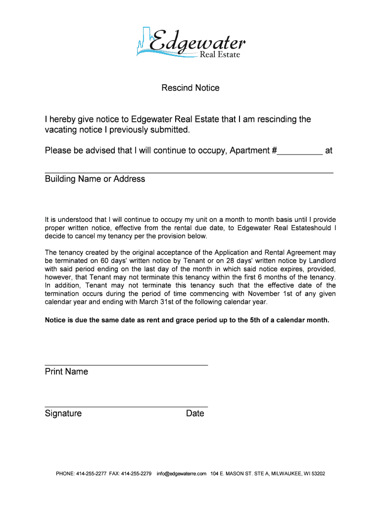 Fillable Online Rescind Notice I hereby give notice to Edgewater Real ...