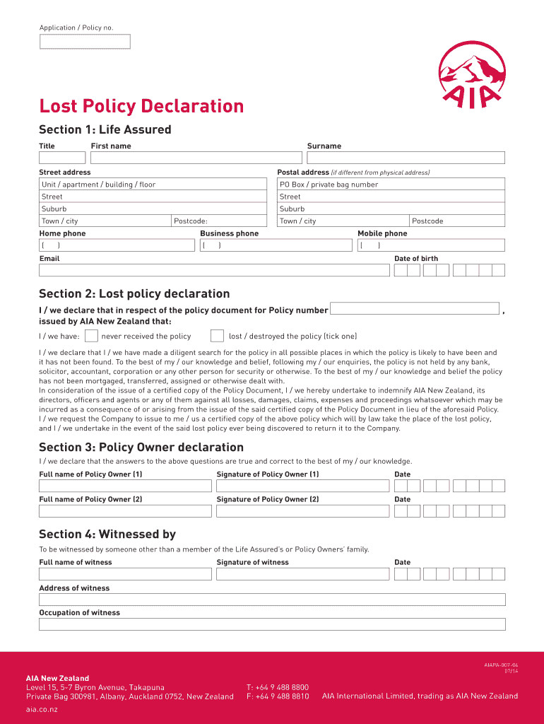 Fillable Online lifepro co Lost Policy Declaration - Lifestyle ...