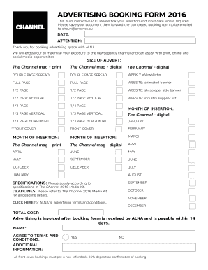 Fillable Online anf net ADVERTISING BOOKING FORM 2016 Fax Email Print ...