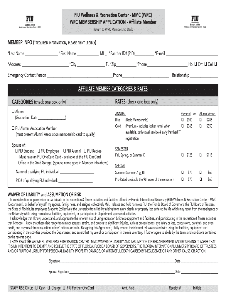 Fillable Online FIU Wellness & Recreation Center - MMC (WRC) WRC ...