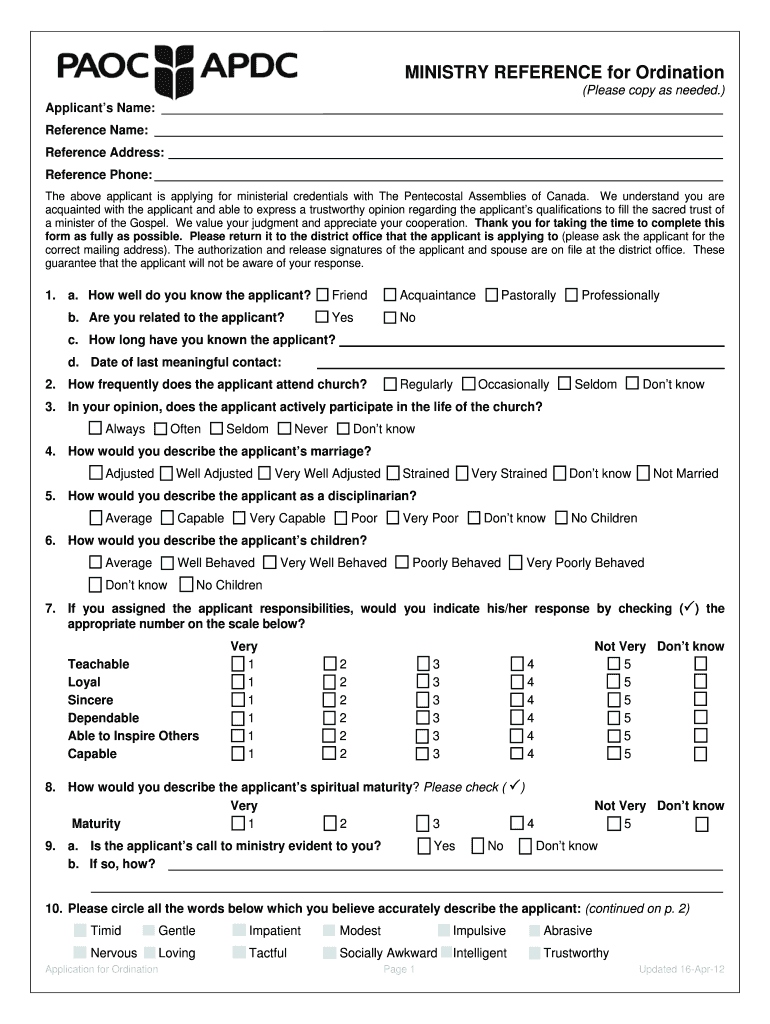 Fillable Online MINISTRY REFERENCE for Ordination - s3.amazonaws.com Fax Email Print - pdfFiller