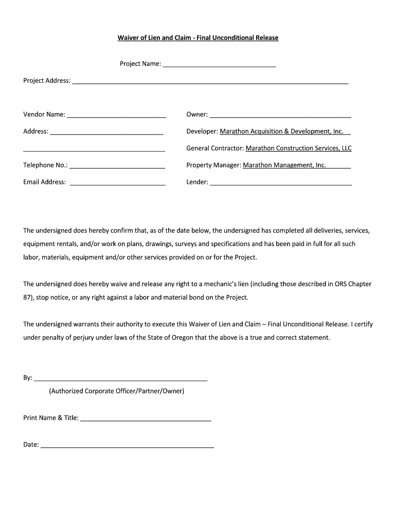 Fillable Online FINAL UNCONDITIONAL WAIVER - marathoncs.com Fax Email ...