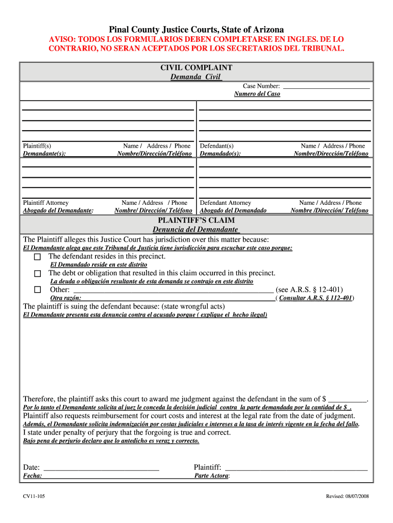 Fillable Online pinalcountyaz DEMANDA CIVIL - pinalcountyaz.gov Fax ...