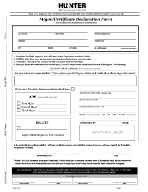 Fillable Online hunter cuny Major/Certificate Declaration Form Date: - Hunter College Fax Email ...