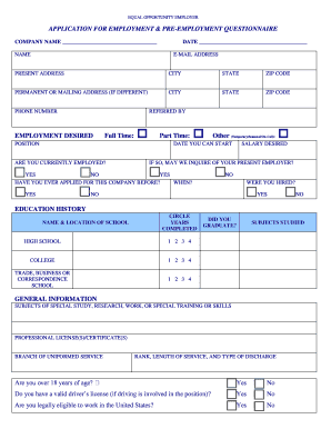 Fillable Online APPLICATION FOR EMPLOYMENT & PRE-EMPLOYMENT ...
