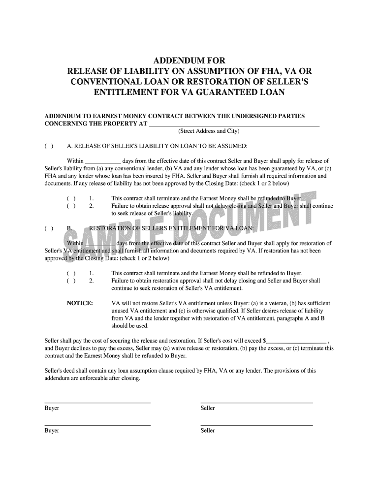Fillable Online ADDENDUM FOR RELEASE OF LIABILITY ON ASSUMPTION OF FHA ...