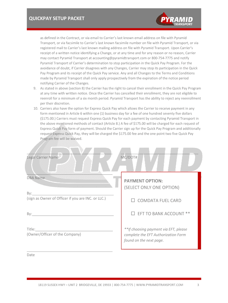 Fillable Online QUICKPAY SETUP PACKET - pyramidtransport.com Fax Email Print - pdfFiller