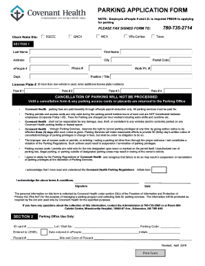 Fillable Online PARKING APPLICATION FORM - covenanthealth.ca Fax Email Print - pdfFiller