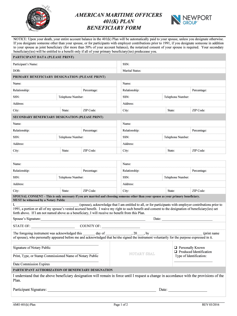 American Maritime Officers 401(k) Plan Beneficiary Form - Blank ...