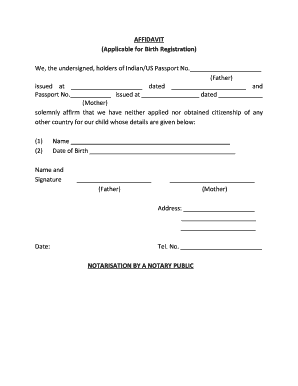 Fillable Online indianembassy AFFIDAVIT (Applicable for Birth Registration) Fax Email Print ...