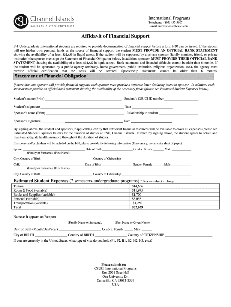 Fillable Online csuci Financial Affidavit for International ...