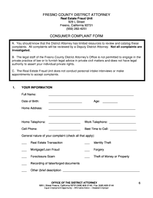 Fillable Online co fresno ca REAL ESTATE FRAUD UNIT COMPLAINT COVER ...