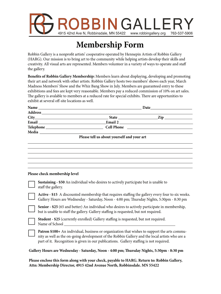 Fillable Online Robbin Gallery is a nonprofit artists cooperative operated by Hennepin Artists ...