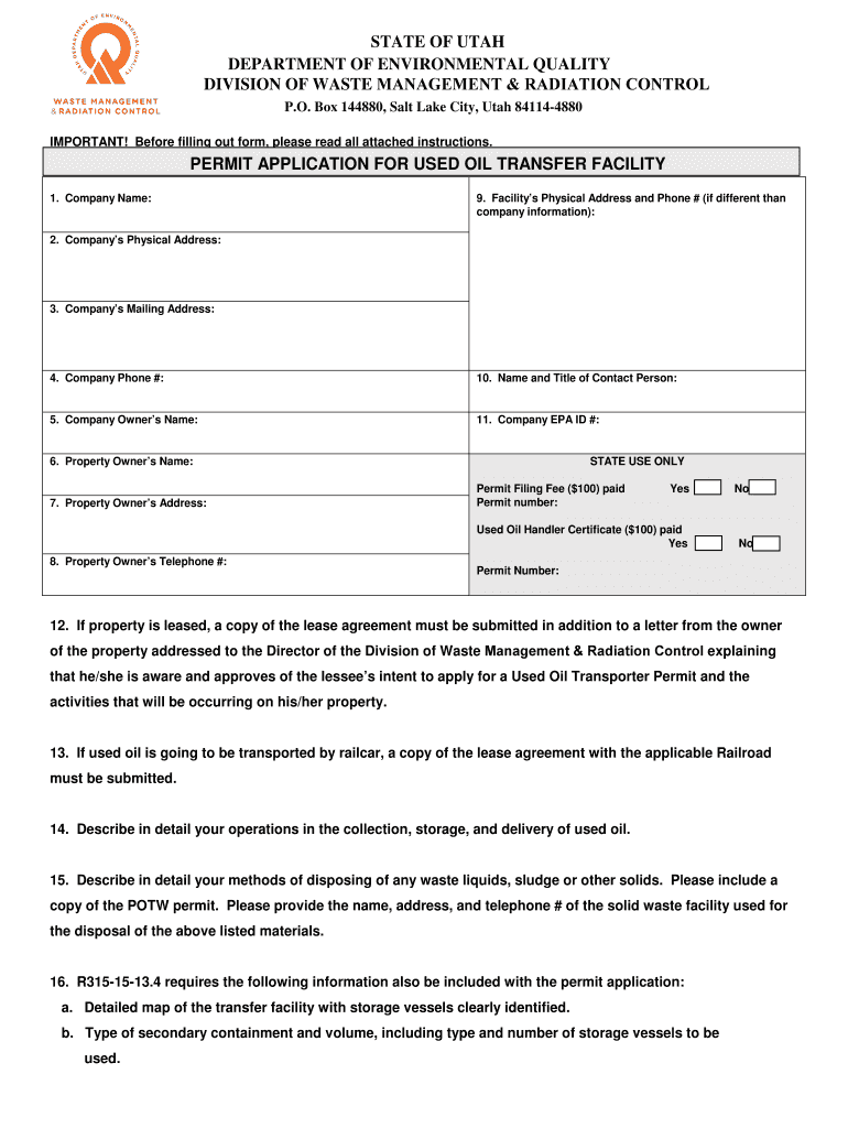 Fillable Online deq utah STATE OF UTAH - Utah Department of ...