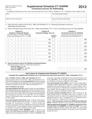 Fillable Online Supplemental Schedule CT-1040WH, 2012 Connecticut ...