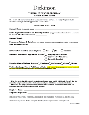 Fillable Online dickinson TUITION EXCHANGE PROGRAM APPLICATION FORM Fax ...