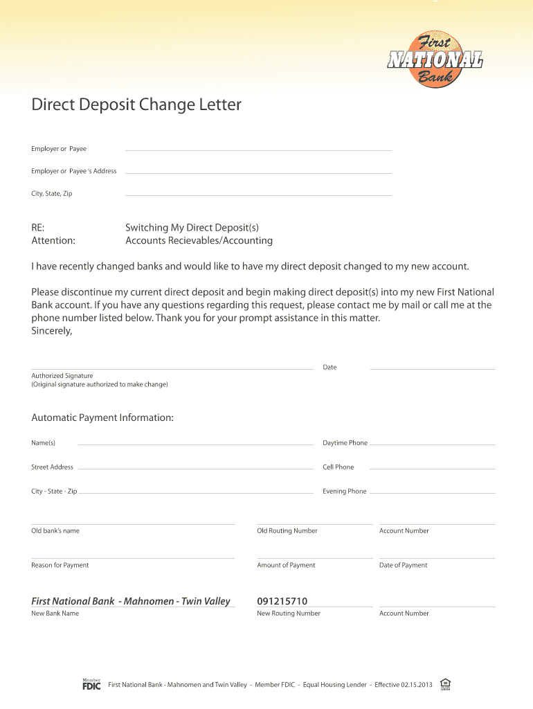Fillable Online Direct Deposit Change Letter - First National Bank Fax ...