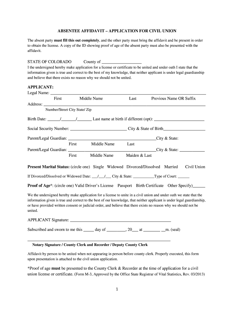 Fillable Online colorado ABSENTEE AFFIDAVIT APPLICATION FOR CIVIL UNION ...