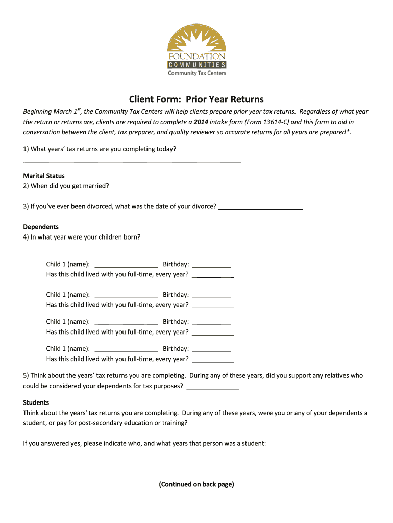 Fillable Online Client Form: Prior Year Returns - Tax Season Resources ...
