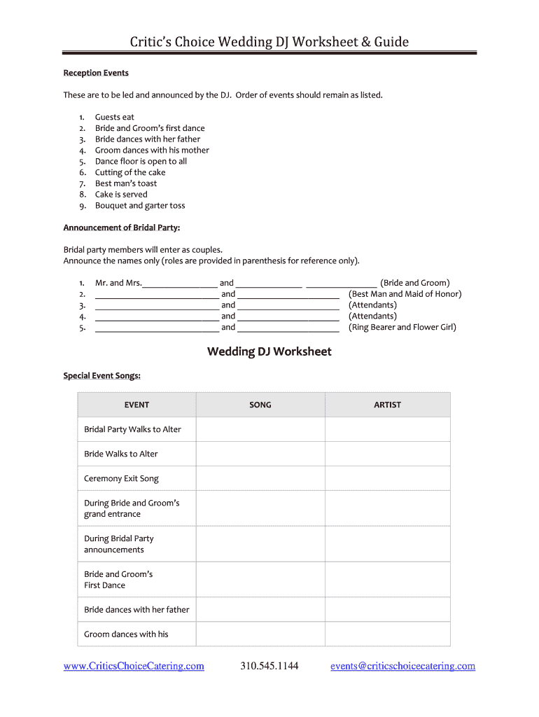 Fillable Online Critics Choice Wedding DJ Worksheet & Guide Fax Email ...