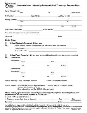 Fillable Online csupueblo Official Transcript Request (PDF Version) - Colorado State ...